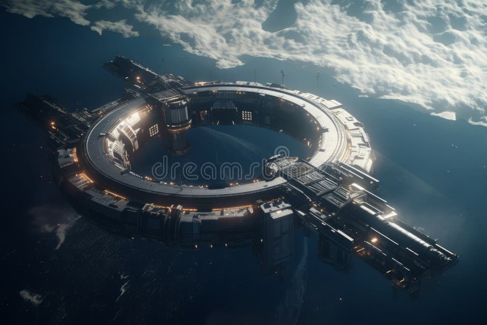 High Tech Space Station Floating Above Earth. Space Ship in the Outer ...