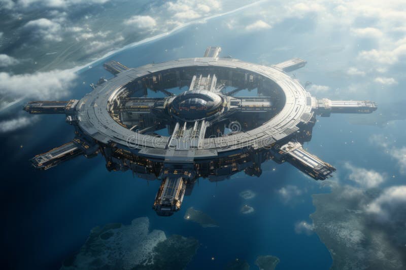 High Tech Space Station Floating Above Earth. Space Ship in the Outer ...