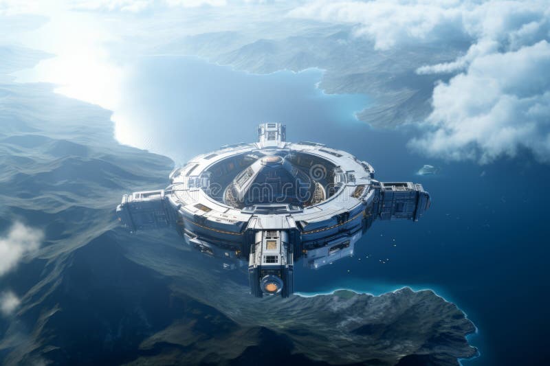 High Tech Space Station Floating Above Earth. Space Ship in the Outer ...