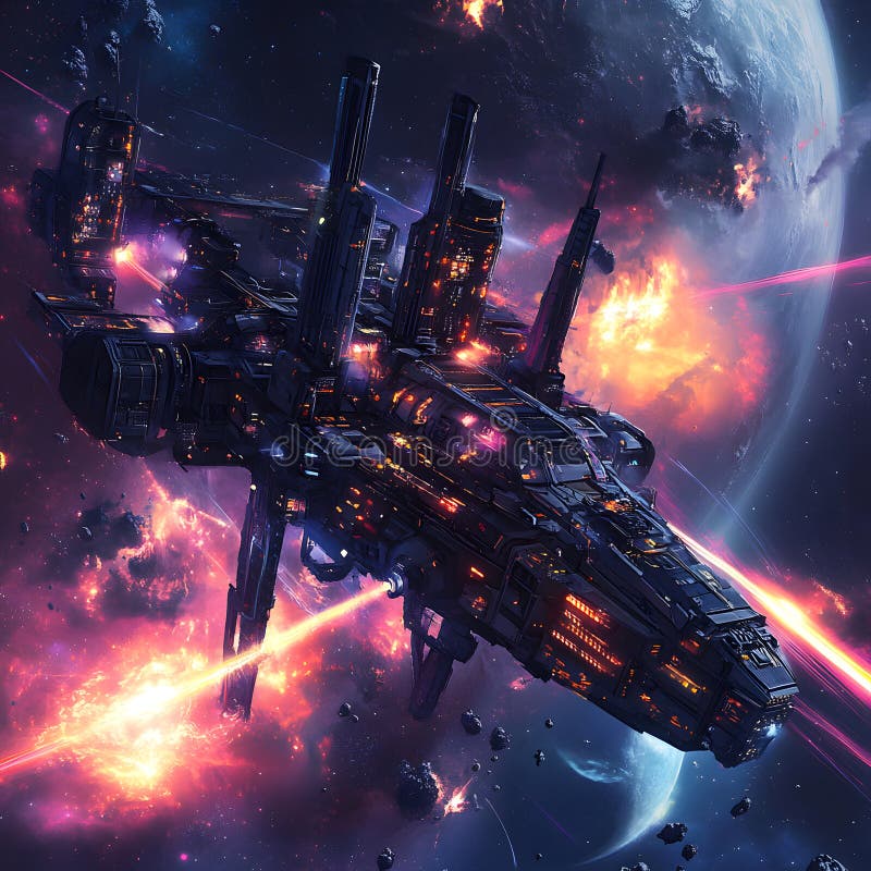 A High-tech Space Station with Glowing Windows, Digital Machinery, and ...