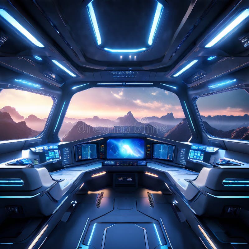 High-Tech Spacecraft Cockpit with Scenic View Stock Image - Image of ...
