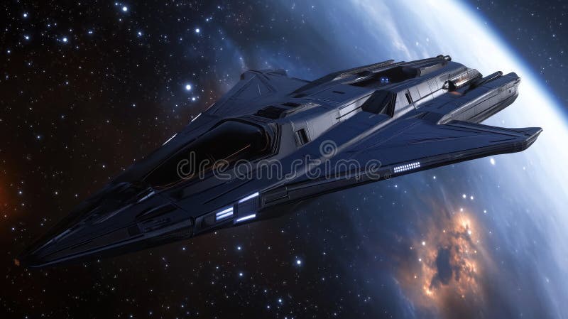 High-tech Spaceship Flying Above Planet with Galaxy Background in Space ...
