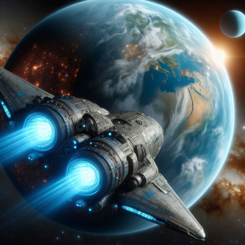 Futuristic Spaceship Soaring Above Earth with Thrusters Engaged Stock ...