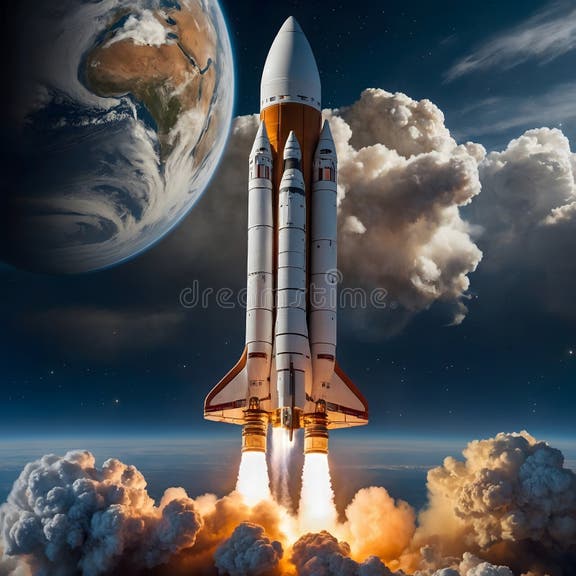 High-Tech Spaceship Lifting Off into Space Orbit with Dynamic ...