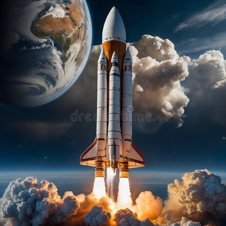 High-Tech Spaceship Lifting Off into Space Orbit with Dynamic ...