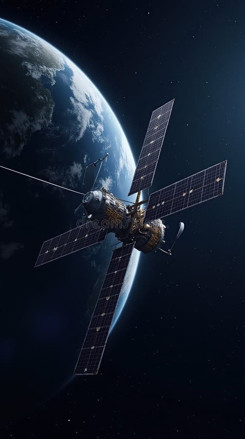 High-tech Spy Satellite Orbiting Earth with Solar Arrays in Space Stock Illustration ...