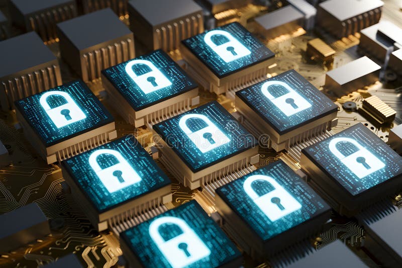 High Tech Square Components with Glowing Padlocks on Intricate Circuit ...