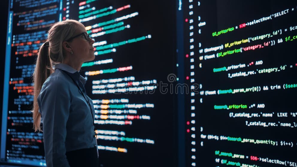 High-Tech Startup Concept: Innovative Female Software Engineer Standing ...