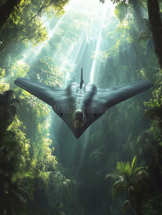 High-tech Stealth Bomber Soars Above Lush Jungle Canopy during Sunlight ...