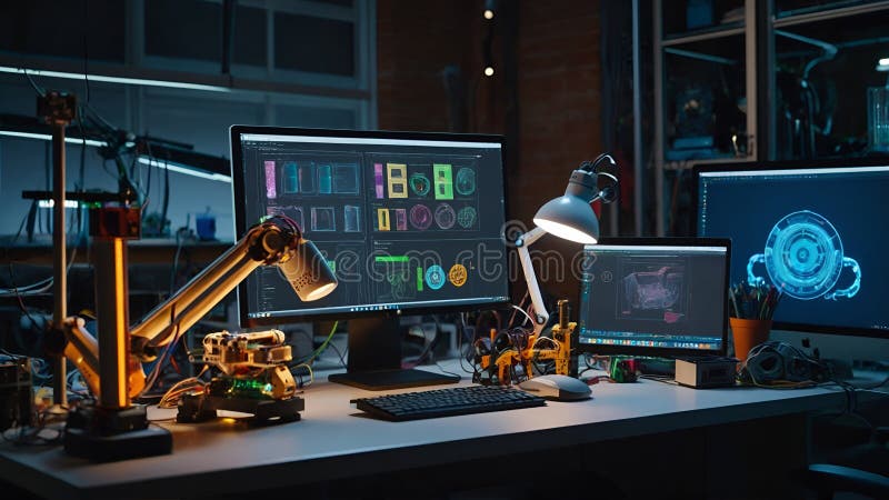 High-tech STEM Lab with Digital Screens and Coding Lessons Stock Image - Image of robotic ...