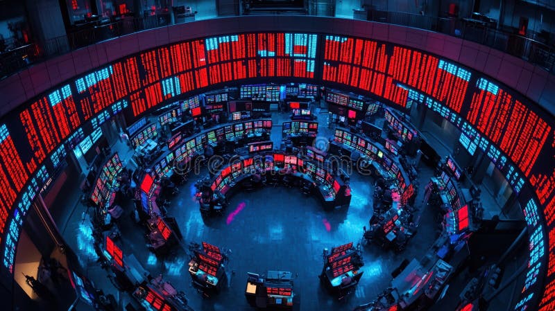 High-tech Stock Exchange Trading Floor with Red Digital Displays and ...