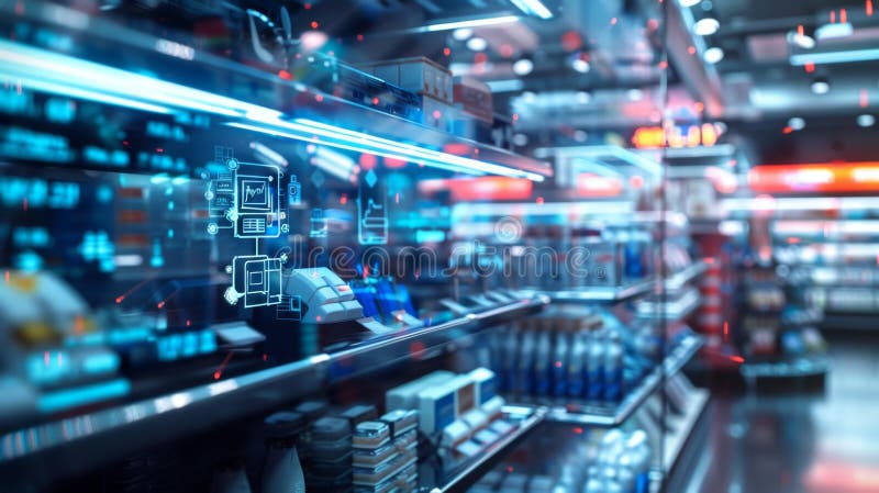 High-Tech Store Shelves with Digital Interfaces and Products ...