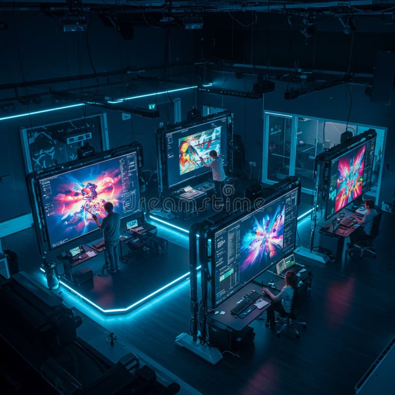 High-tech Studio with Multiple Large Digital Screens Displaying Vivid ...