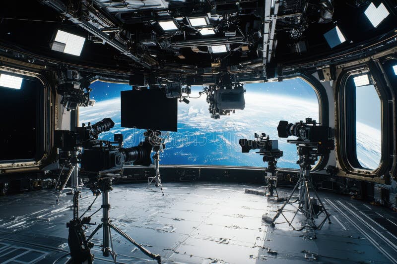 High-tech Studio Setup with Cameras Overlooking Earth from Space ...