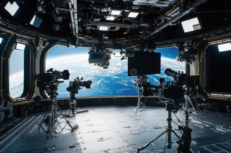 High-tech Studio Setup with Cameras Overlooking Earth from Space ...