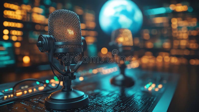 High-tech Studio with Vintage Microphones and a Glowing Globe Backdrop ...