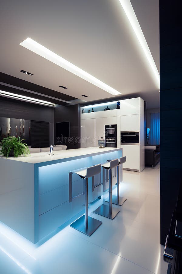 High-tech Style Kitchen Interior in Luxury House Stock Illustration ...