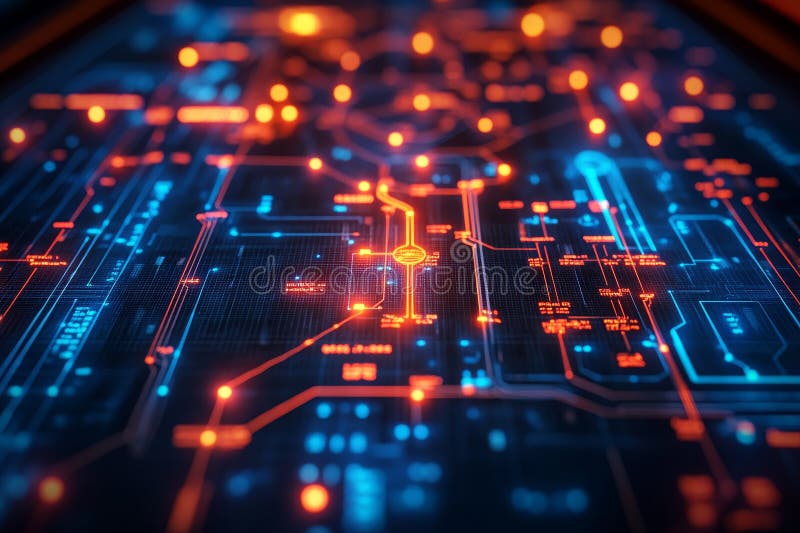 High-tech Subway Map with Glowing Orange and Blue Pathways on a ...