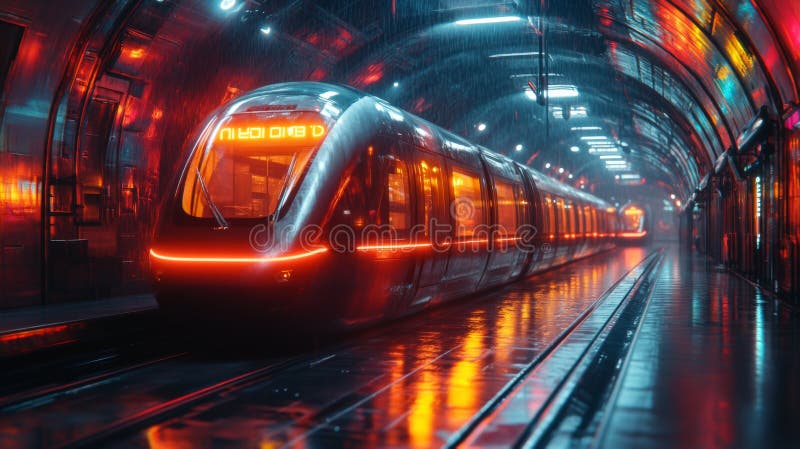 High Tech Subway Train Awaits Commuters in an Urban Transit Hub during ...