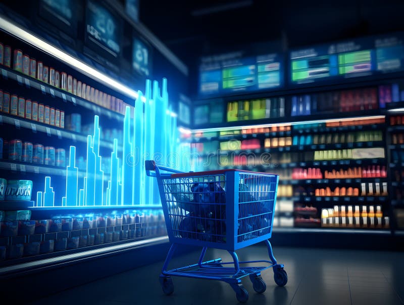 High-Tech Supermarket with Data Visualization Stock Photo - Image of ...