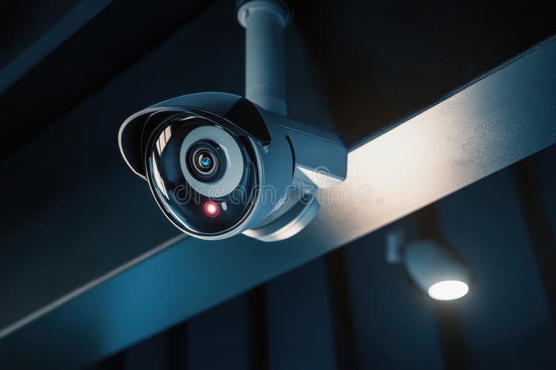High-tech Surveillance Camera Mounted on a Ceiling in a Modern Space ...