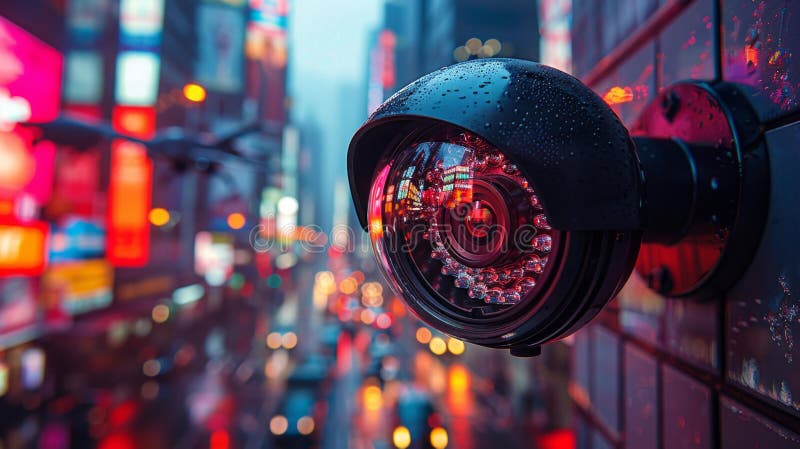 High-Tech Surveillance Camera in a Rainy Urban Night Scene, Generative ...