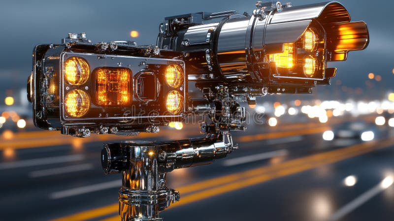 High-tech Surveillance Cameras with Glowing Lights Stand Above a Busy ...