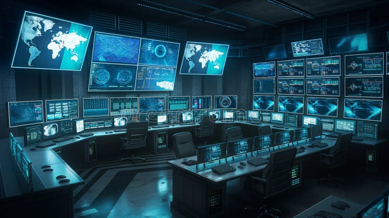 High-Tech Surveillance Control Room Stock Image - Image of center ...