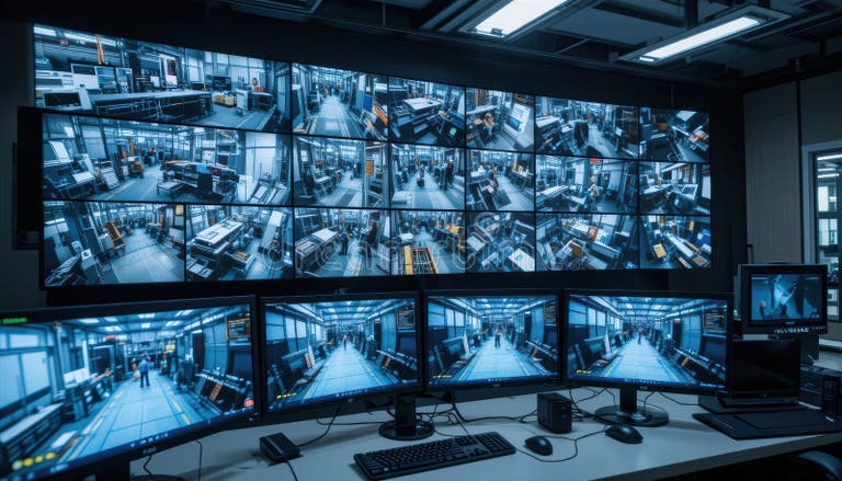 High Tech Surveillance Room with Multiple Screens Displaying Various ...