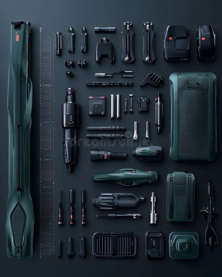 High-tech Tools and Equipment Neatly Arranged on Black Surface. Stock ...