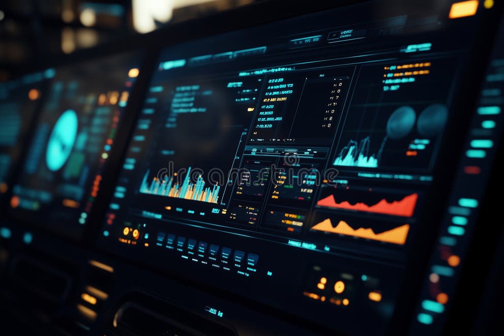 High Tech Trading Dashboard Displaying Glowing Data and Graphs in a ...