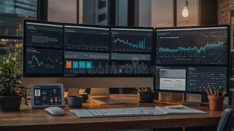 High-Tech Trading and Data Analytics Workstation Stock Illustration ...