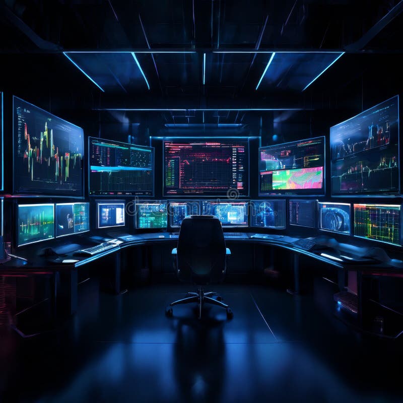 High-Tech Trading Desk with Multiple Monitors Stock Image - Image of ...