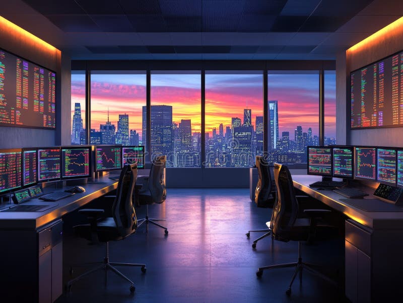 High-tech Trading Office with City Skyline at Sunset Stock Illustration - Illustration of ...