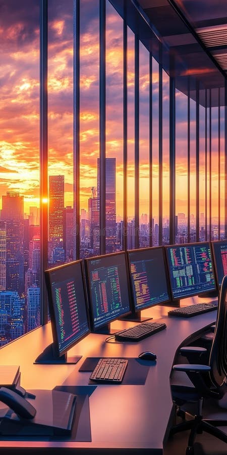 High-tech Trading Office with Sunset View Over the City Skyline Stock ...