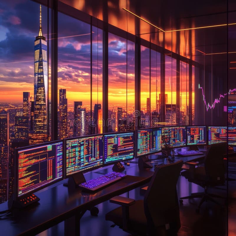 High-tech Trading Office at Sunset with City Skyline View Stock ...