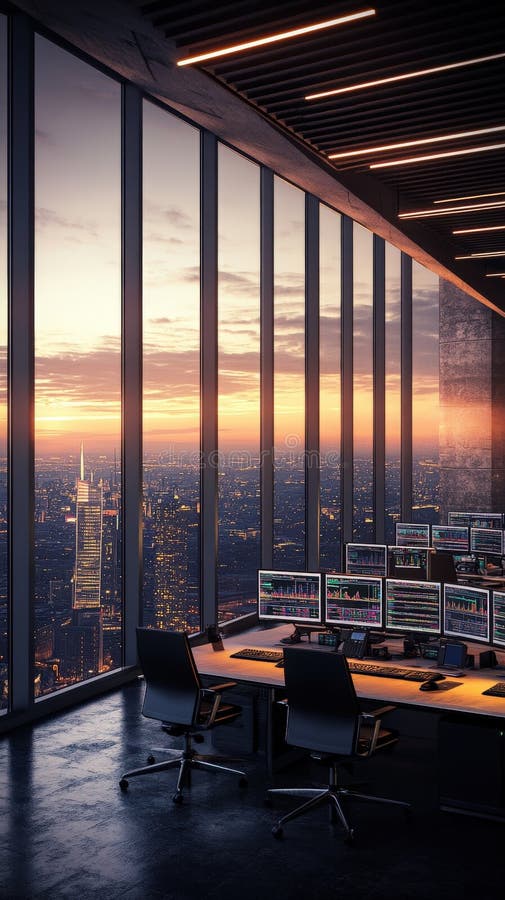 High-tech Trading Office at Sunset with Multiple Screens and Skyline View Stock Illustration ...