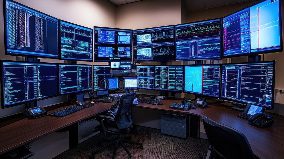 A High-tech Trading Room with Multiple Monitors Displaying Financial ...