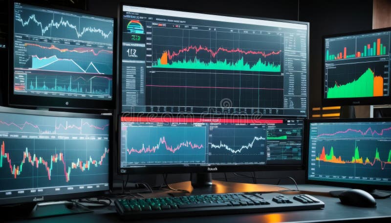 High-Tech Trading Workstation with Multiple Monitors Stock Image ...