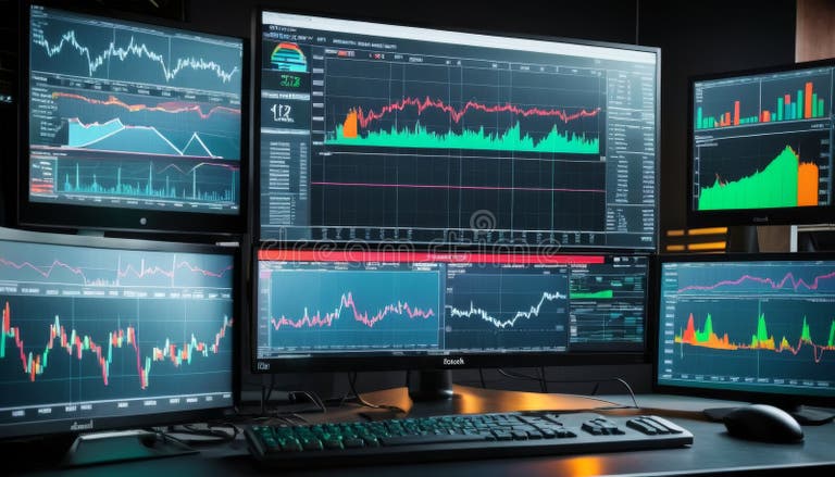 High-Tech Trading Workstation with Multiple Monitors Stock Image ...