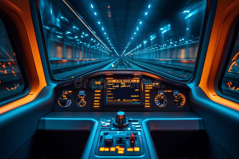 High-tech Train Cockpit with Neon Lighting and Dynamic Tunnel ...