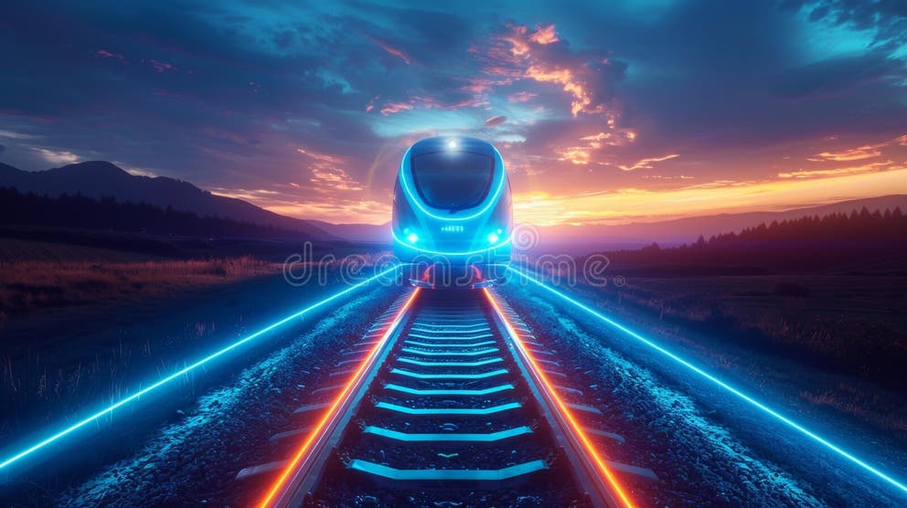 High-tech Train at Sunset - Generative Ai Stock Illustration ...