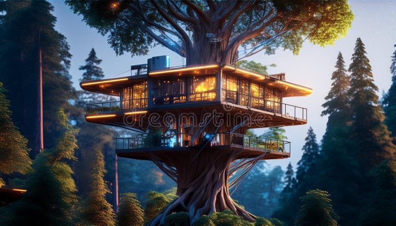 A High-tech Treehouse with Branches Integrated into Glowing Electric ...