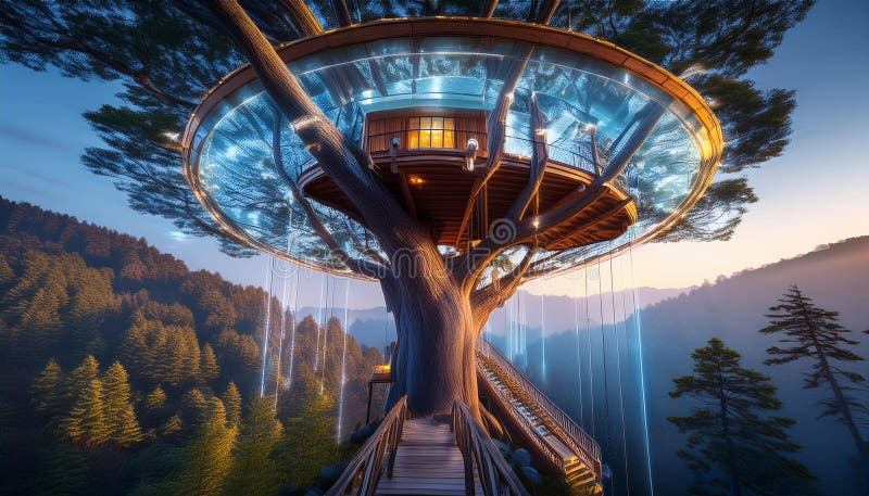 A High-tech Treehouse with Branches Integrated into Glowing Electric ...
