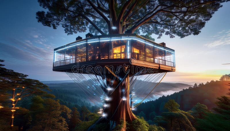 A High-tech Treehouse with Branches Integrated into Glowing Electric ...