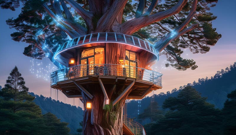 A High-tech Treehouse with Branches Integrated into Glowing Electric ...