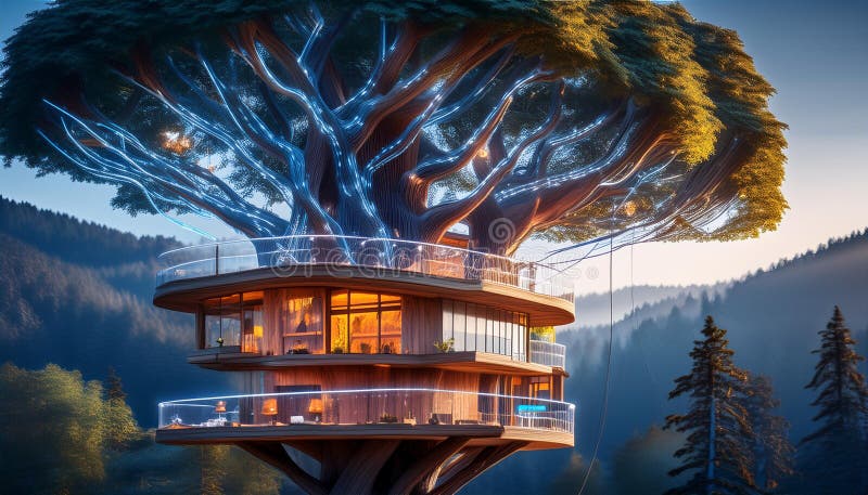 A High-tech Treehouse with Branches Integrated into Glowing Electric ...