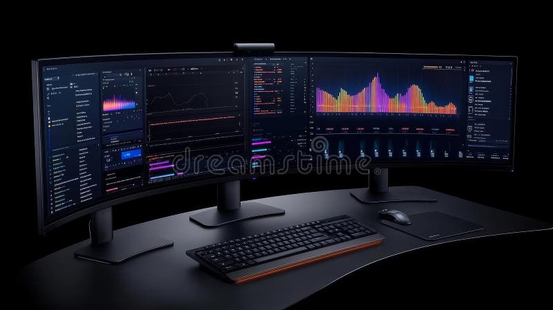 High-tech Triple Monitor Setup Displaying Data Analytics and Vibrant ...