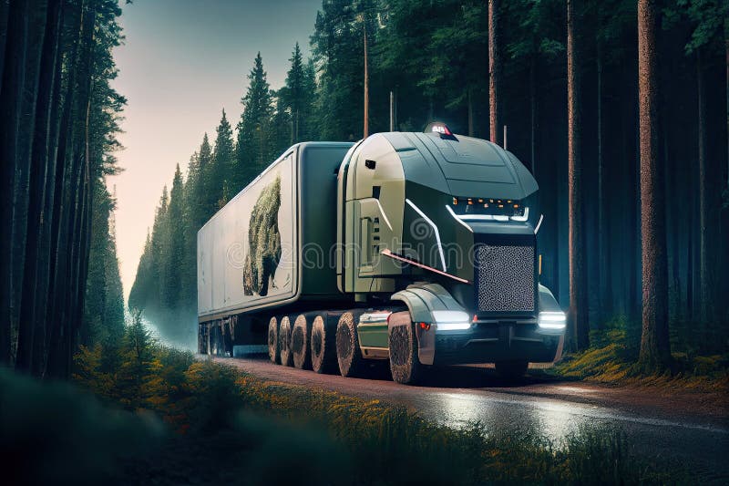 High-tech Truck with Driverless Technology, Navigating Forest Road at ...