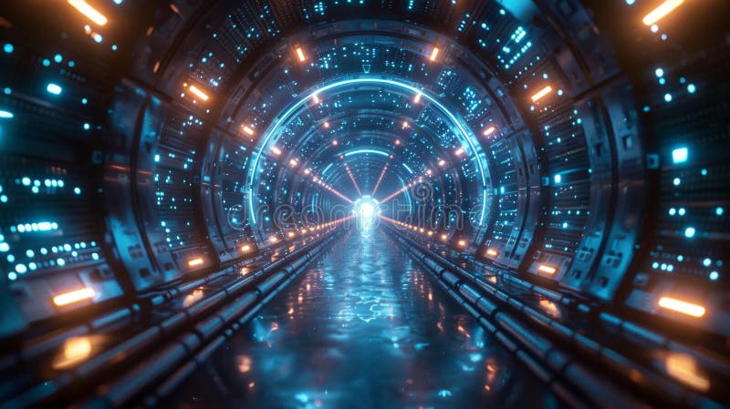 High-tech Tunnel with Glowing Lights - Generative Ai Stock Illustration ...